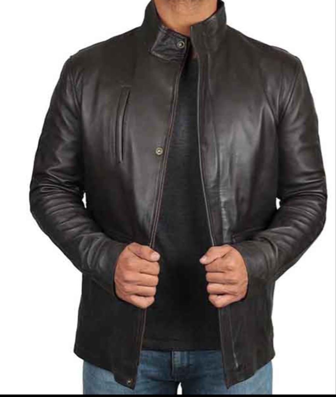 Handmade Men's Black Genuine Leather Nehru Collar Jacket – Mid-length ...