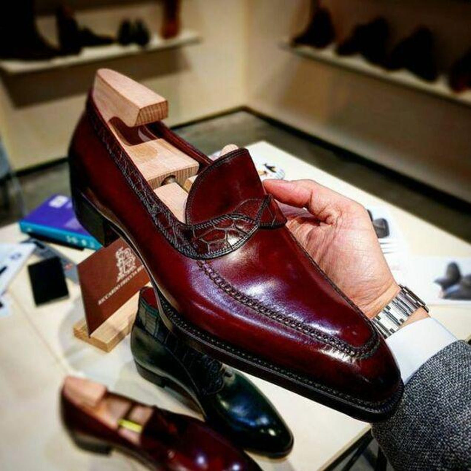 Handmade Men's Burgundy Penny Loafers | Exotic Trim Leather Dress Shoes ...