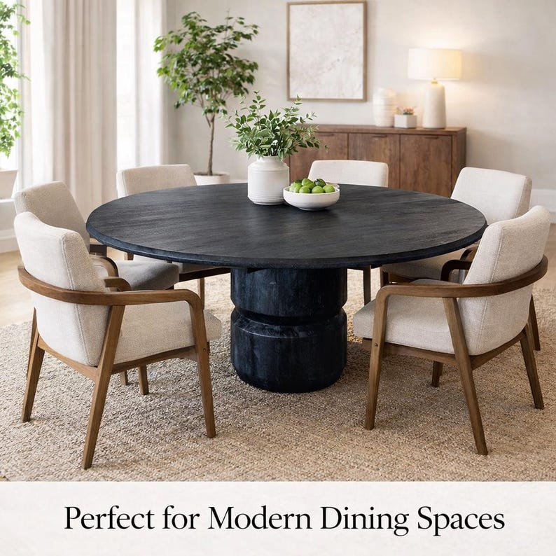 Solid Wood Round Dining Table | Handcrafted Pedestal Base, Rustic ...