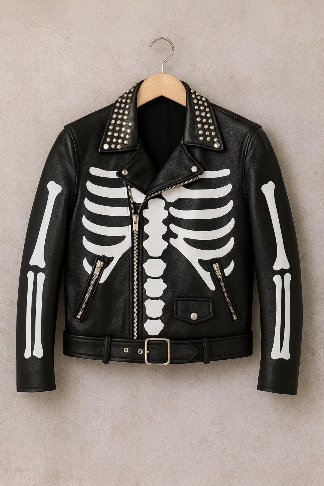 Studded Skeleton Sheepskin Leather Biker Jacket | Halloween Outfit - Etsy