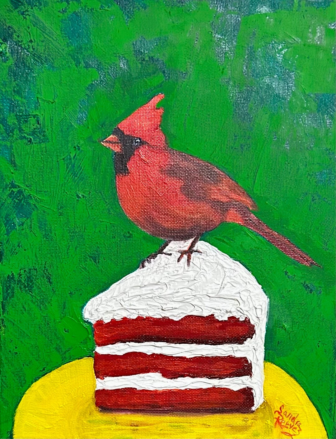 Cardinal Red Velvet Cake Surrealism Textured Original Oil Painting 8” X ...