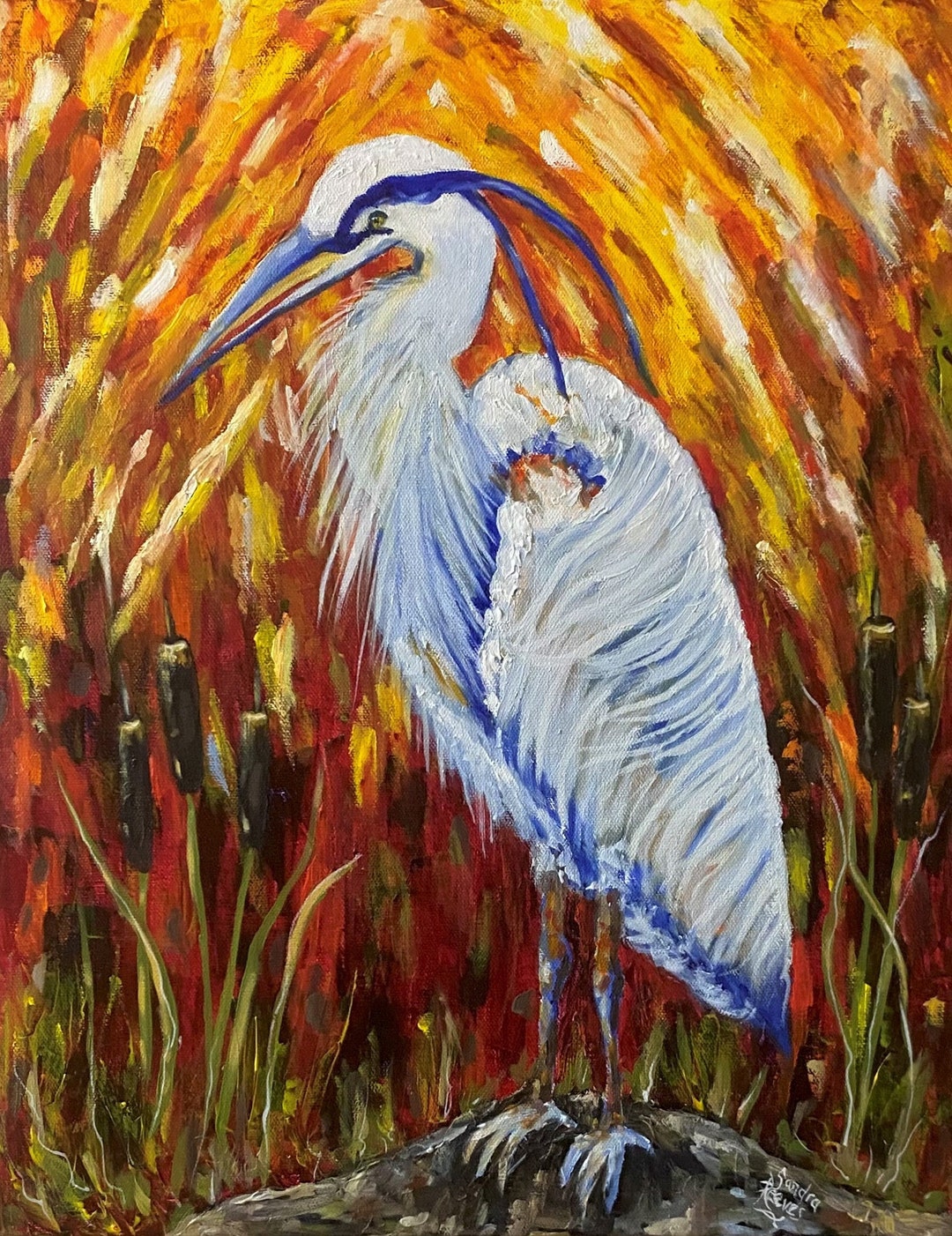 Bird, Original Painting, Heron, Egret, Wildlife, Animal, Impressionism ...