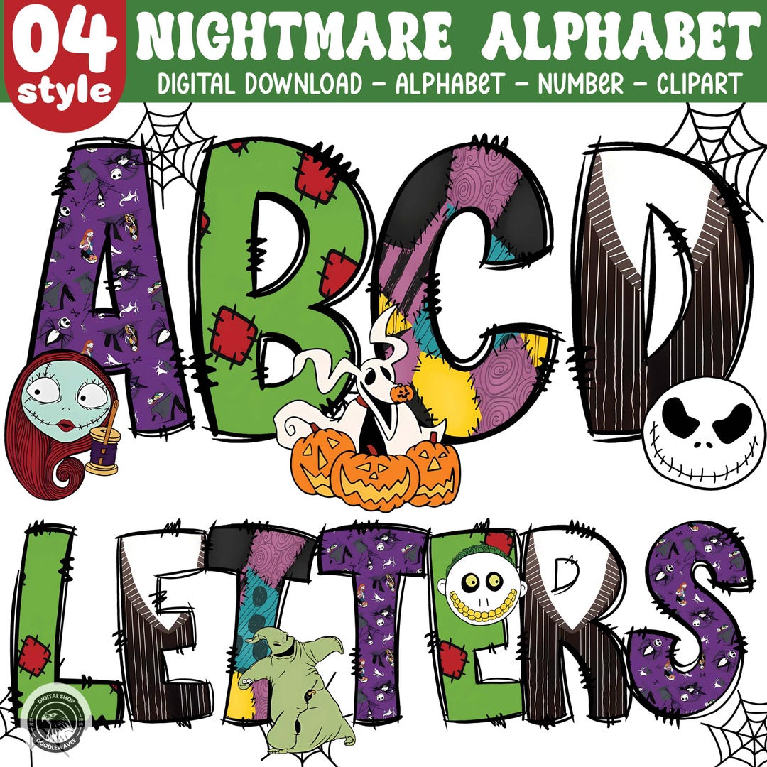 Halloween Alphabet Png Bundle, 4 PNG Doodle Alphabet, Nightmare Letters ...