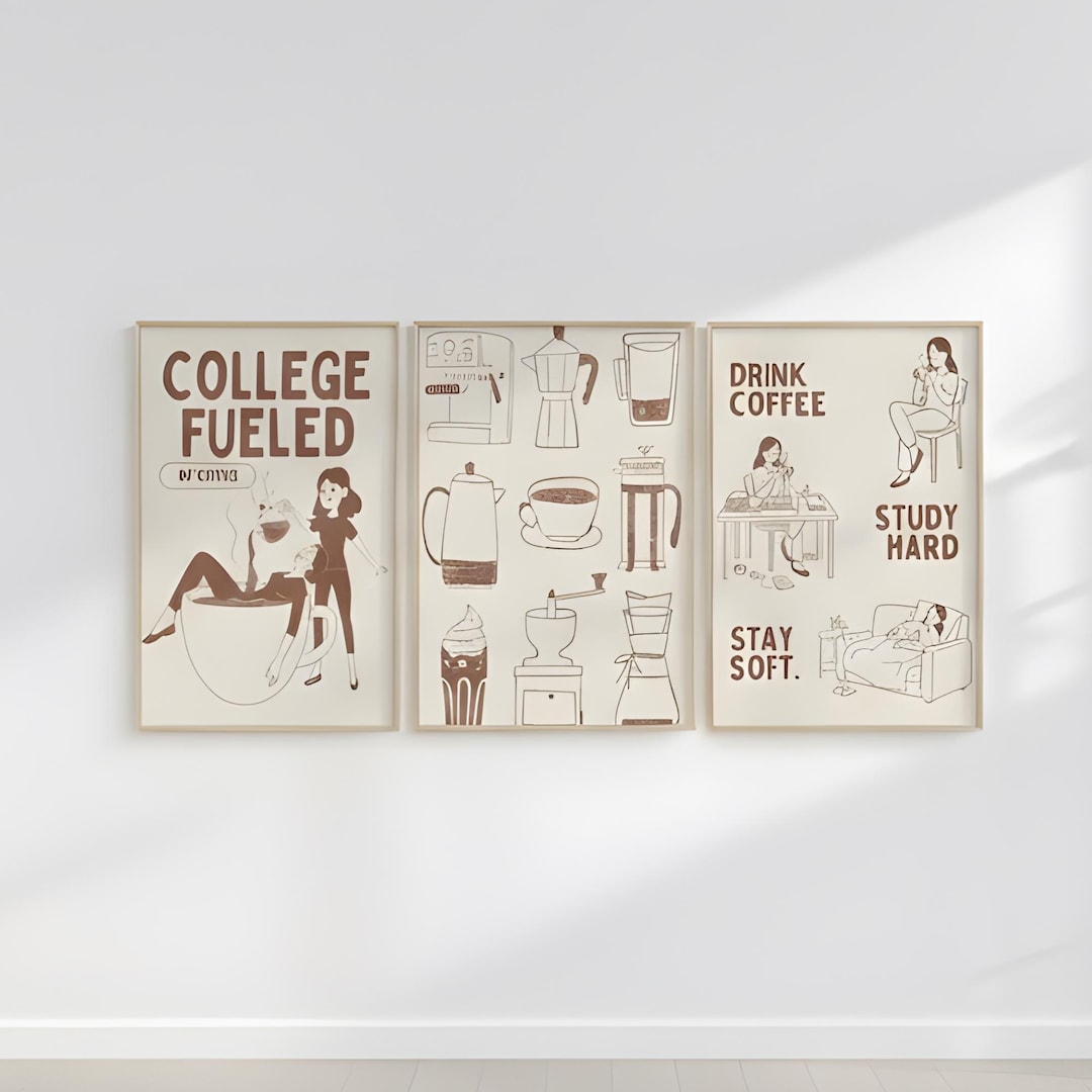 Coffee Study Theme Wall Art Trio, Minimal Illustrated Typography for ...