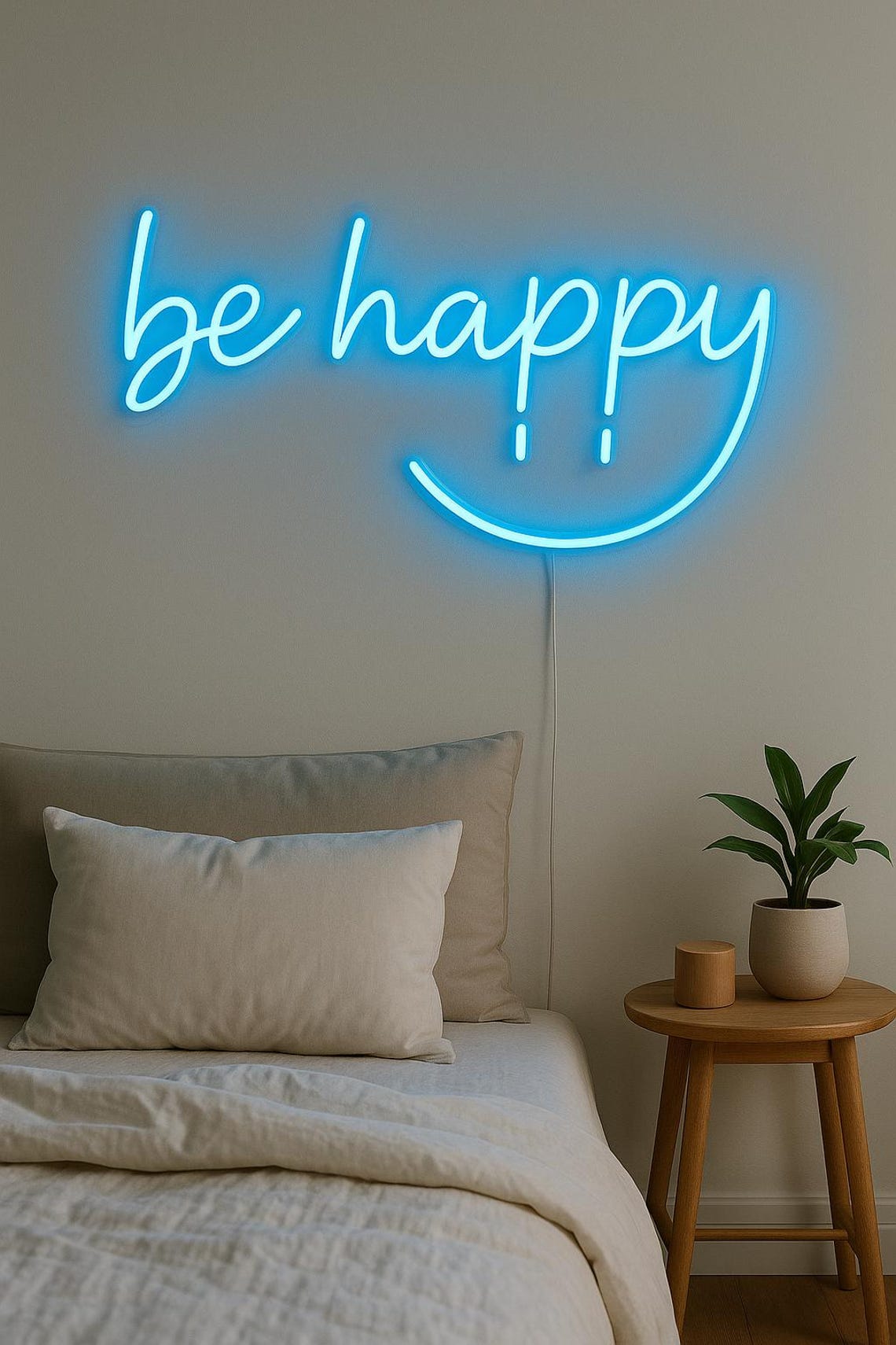 Be Happy Neon Sign | Warm White LED Wall Light, Positive Quote Decor ...