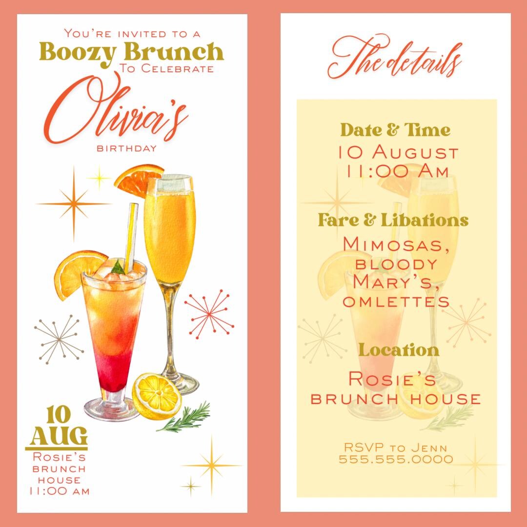 Custom Retro Birthday Invitation | Boozy Brunch Celebration | Vintage ...