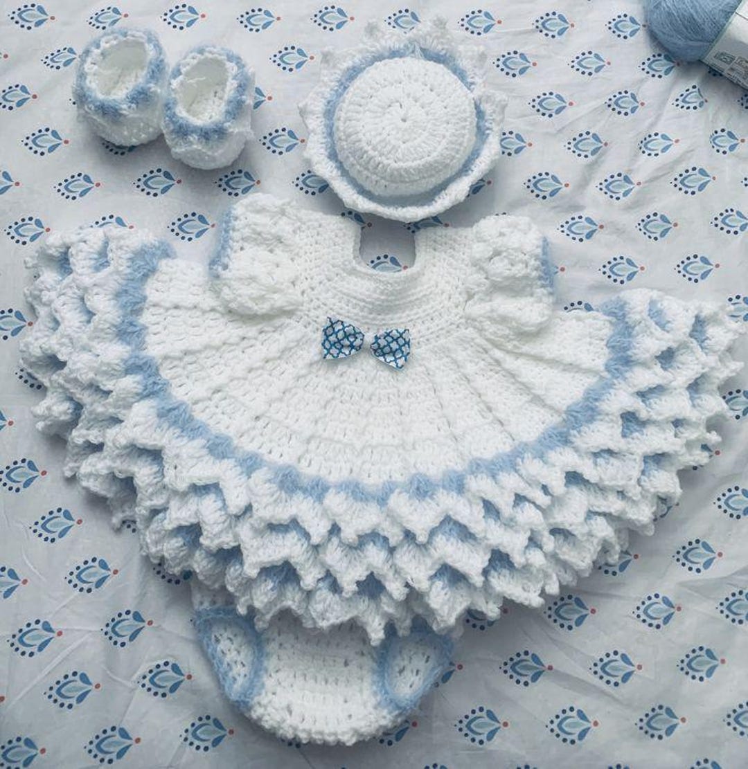 Crochet Baby Dress Outfit, Ruffle Frock, Hat & Booties, Newborn Photo ...