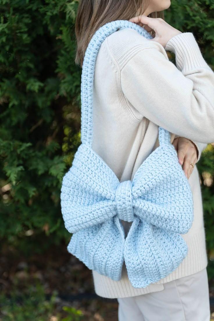 Hand Crochet Bow Shoulder Bag: Coquettecore Chunky Knit Purse - Etsy