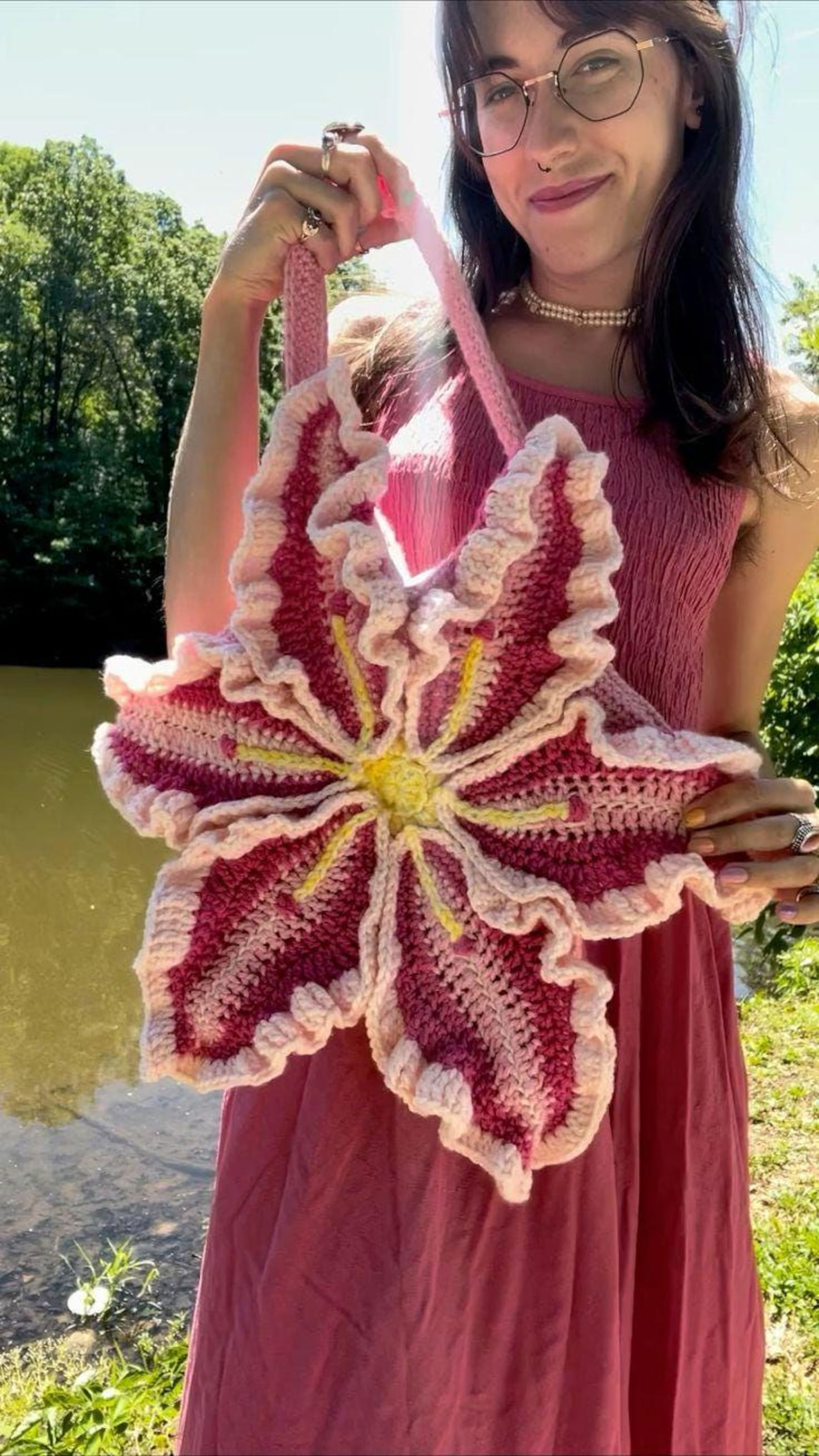 Crochet Lily Flower Tote Bag Pink, Handmade Boho Shoulder Bag - Etsy