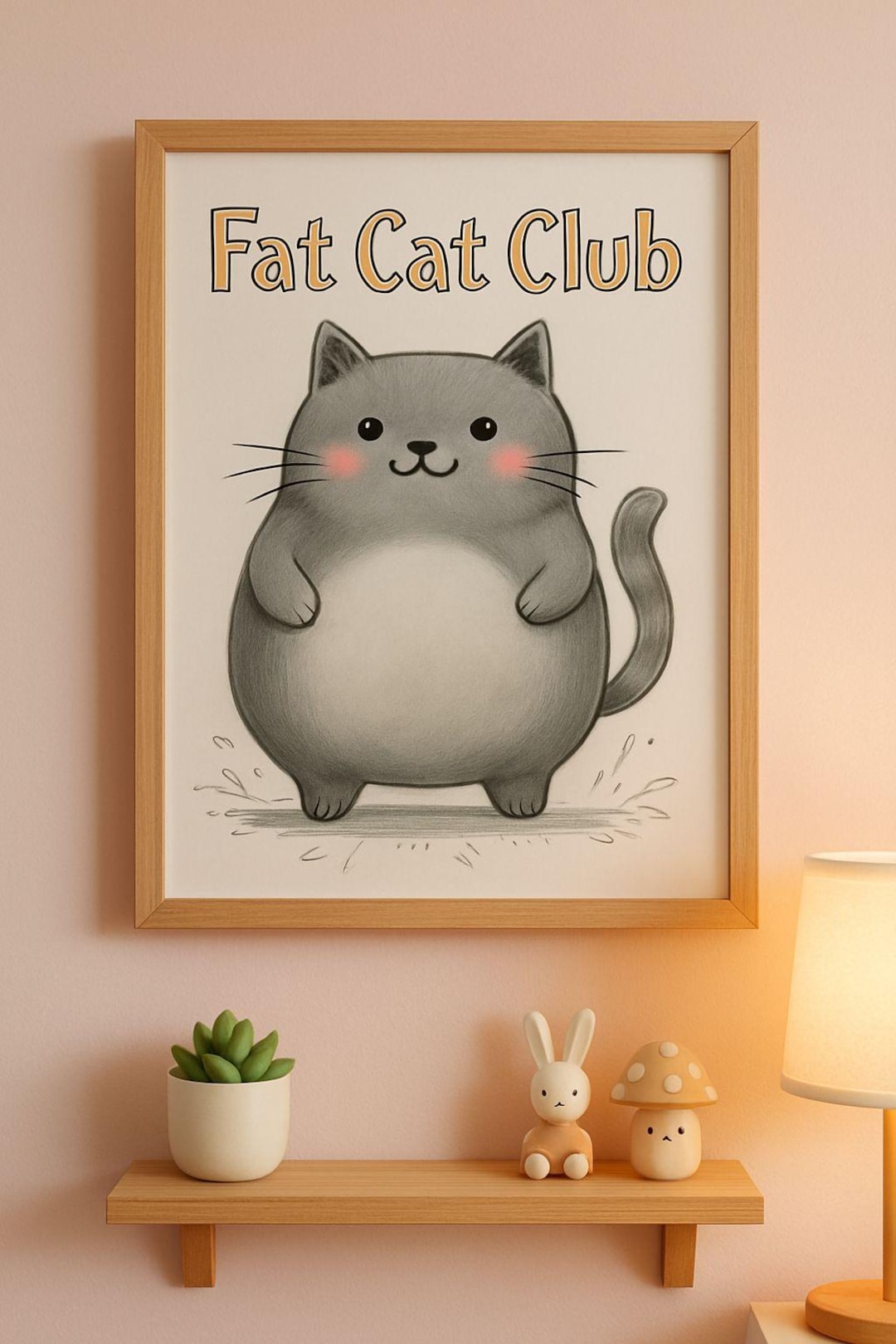 Fat Cat Club Poster – Cute Chubby Gray Cat Wall Art, Funny Cat Digital ...