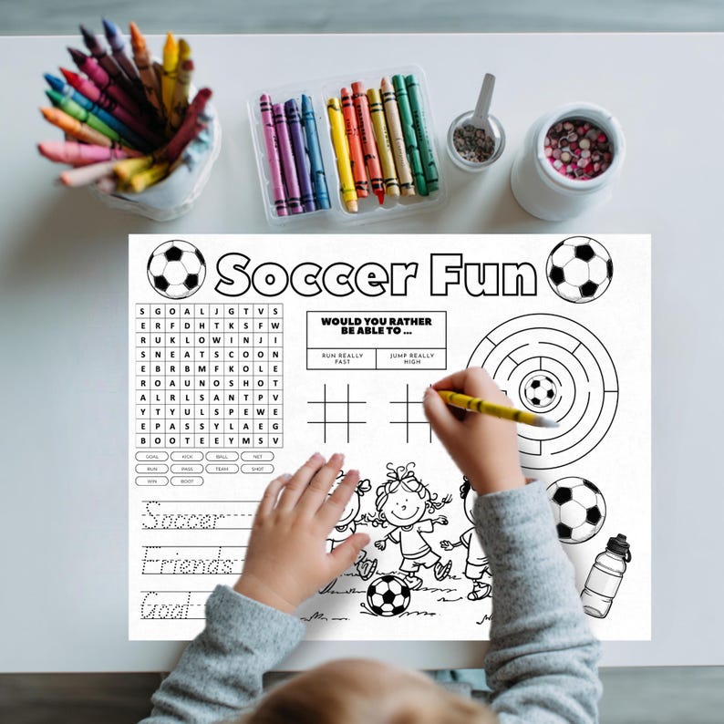 Soccer Activity Mat, Printable Coloring Page for Kids, Birthday Party ...