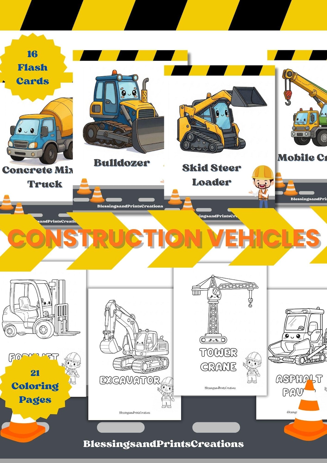 Construction Vehicles Flashcards and Coloring Pages. Truck Flashcards ...