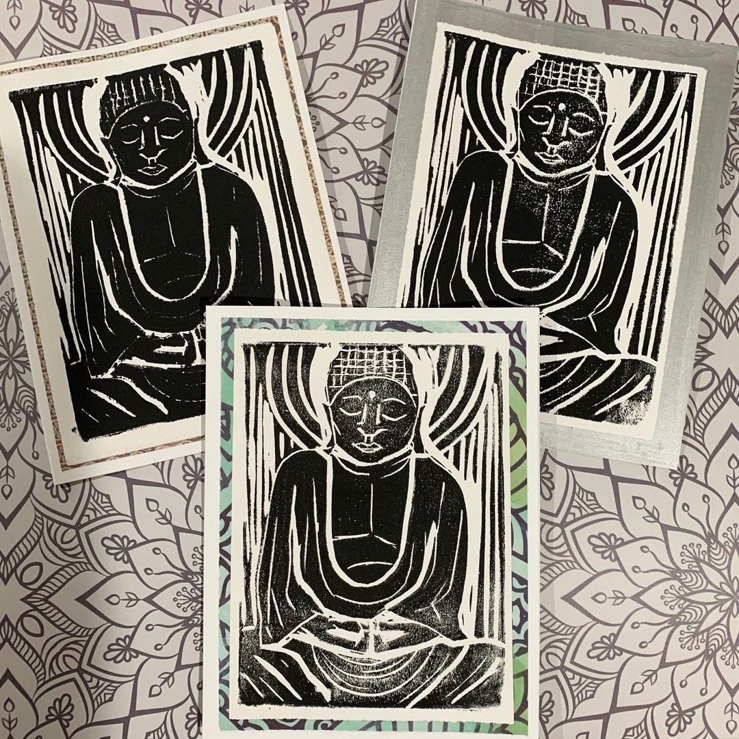 Buddha Cards, Made With Hand Carved Stamp, Original Design, Pack of 3 ...