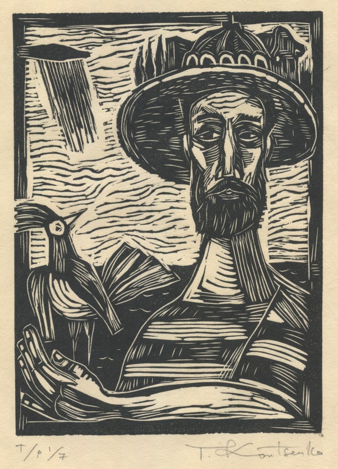 Self Portrait With a Bird. Original Linocut on Oriental Paper. - Etsy