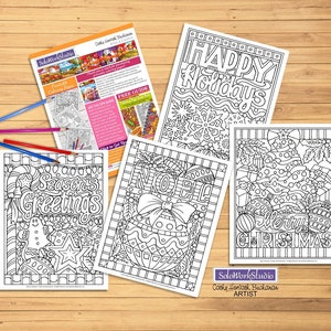 Christmas Coloring Page 4 Pack, Holiday Designs, Xmas Seasonal Coloring ...