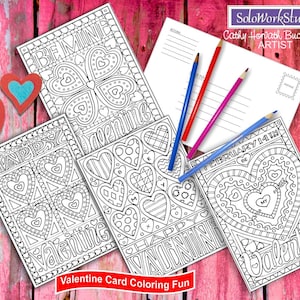 Valentines Day Coloring Cards 4 Set Kit, Love Hearts Card Designs Plus ...