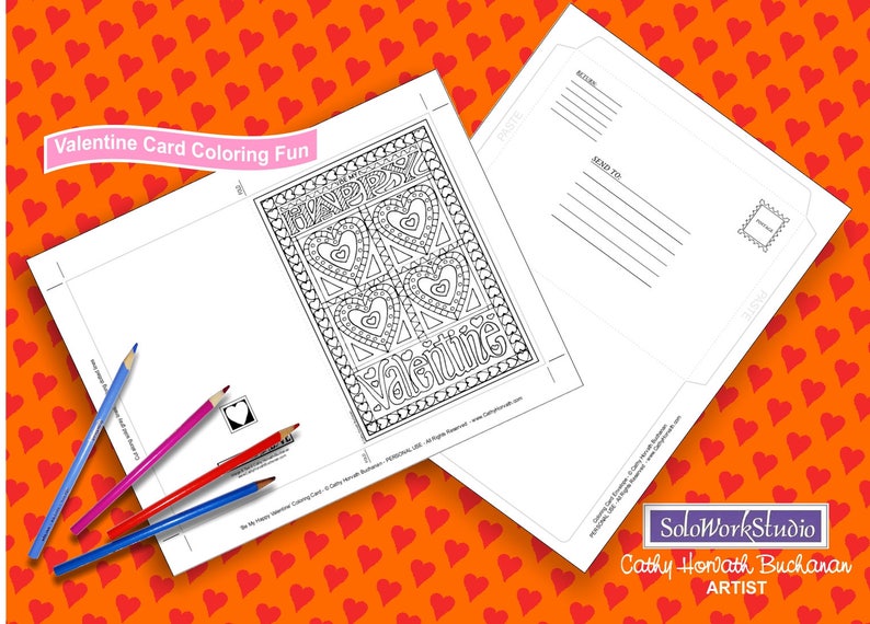 Valentines Day Coloring Cards 4 Set Kit, Love Hearts Card Designs Plus ...