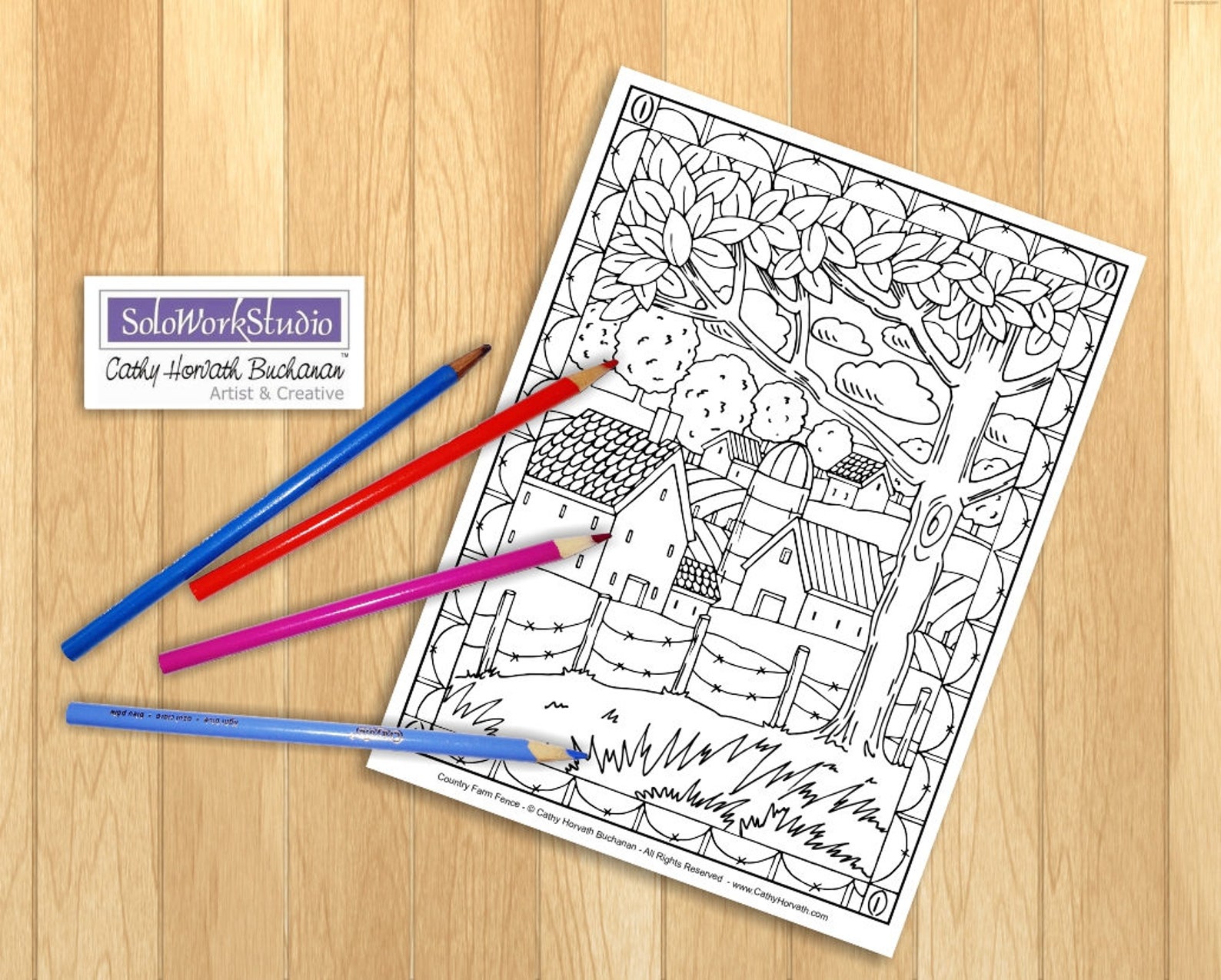 Rural Farm Country Folk Art Landscape Coloring Pages Printout, Coloring ...
