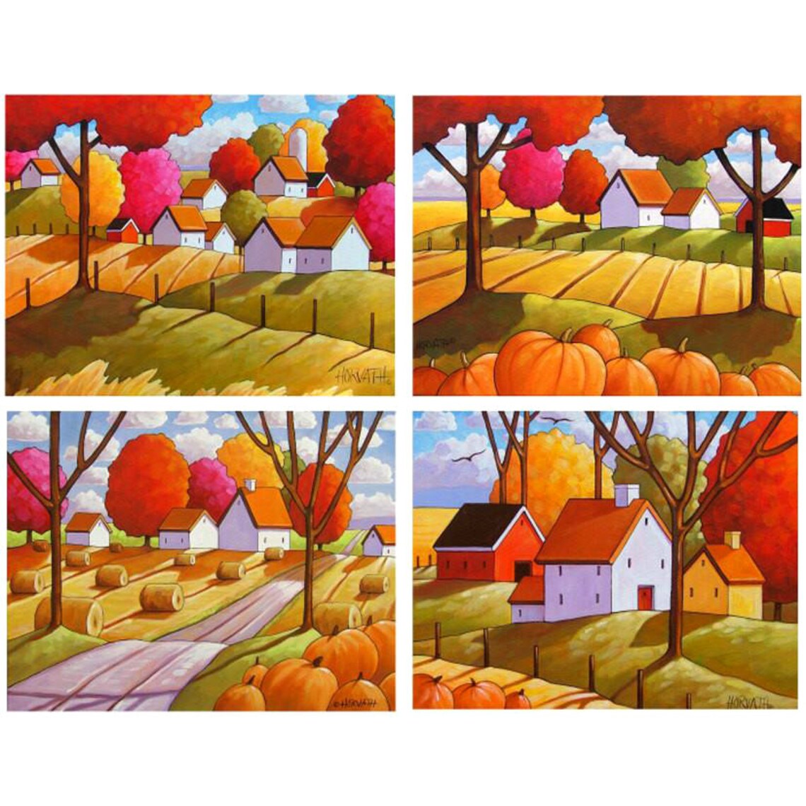 Thanksgiving Pumpkin Landscapes Fall 5x7 Art Print Set of 4 | Etsy