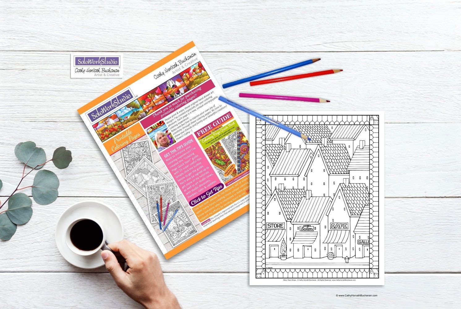 Town Shop Houses Folk Art Landscape Village Scene, Coloring Page ...