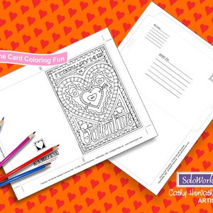 Valentines Day Coloring Cards 4 Set Kit, Love Hearts Card Designs Plus ...