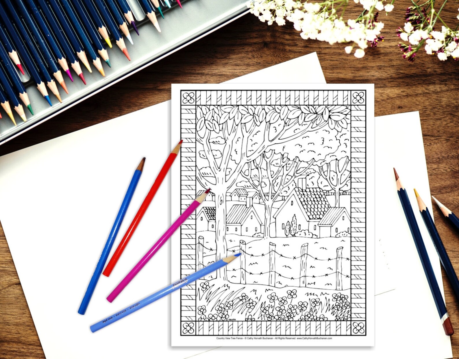 Folk Art Country 4 Pack Landscape Coloring Pages Printouts | Etsy