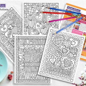 Valentines Day Coloring Pages 4 Set, Love Heart Words Adult Coloring ...