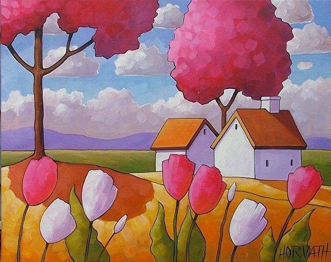 ORIGINAL PAINTING Abstract Folk Art - Pink Trees Tulips Modern ...