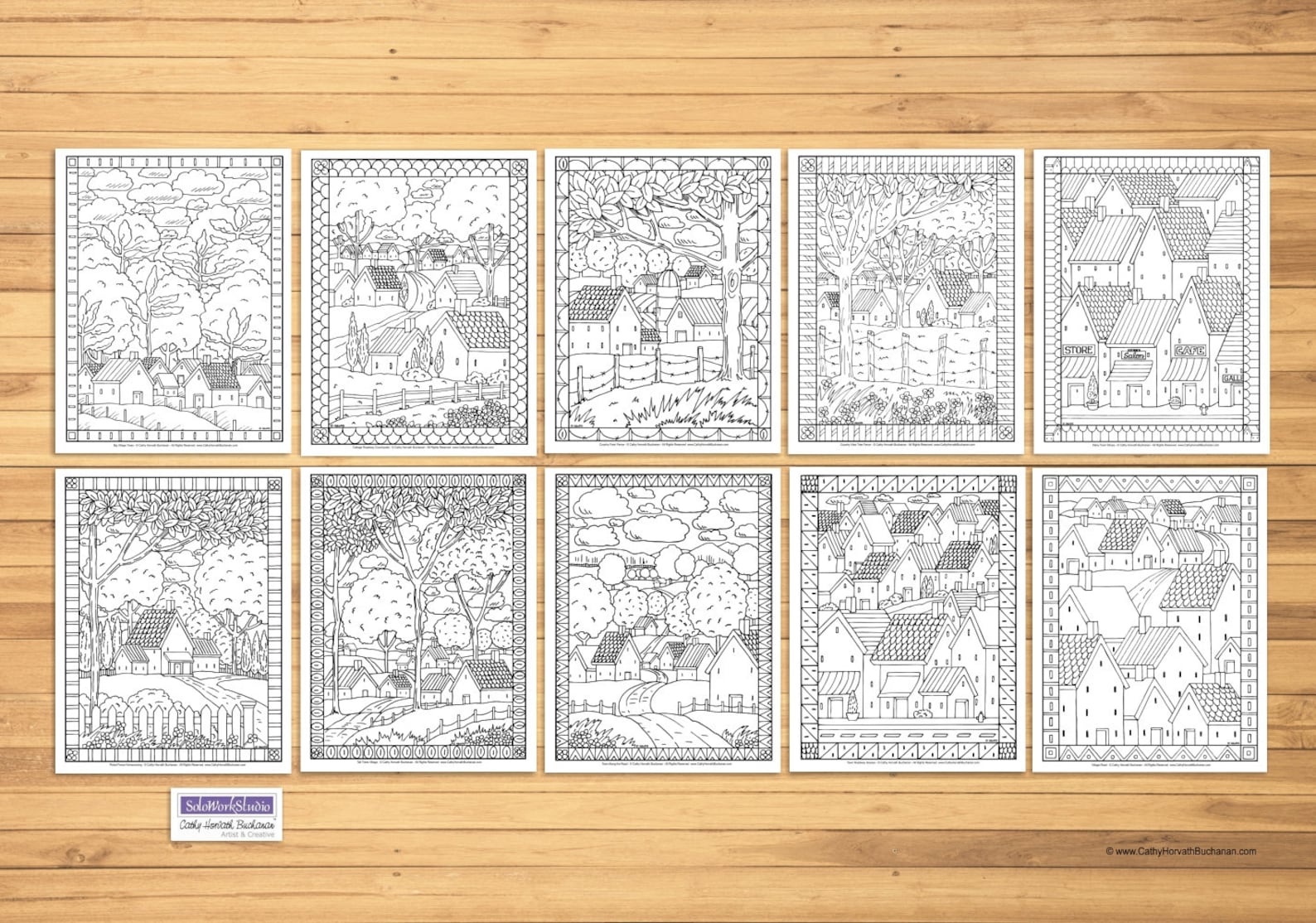 Folk Art Coloring 10 Pack Town Country Landscape Views - Etsy