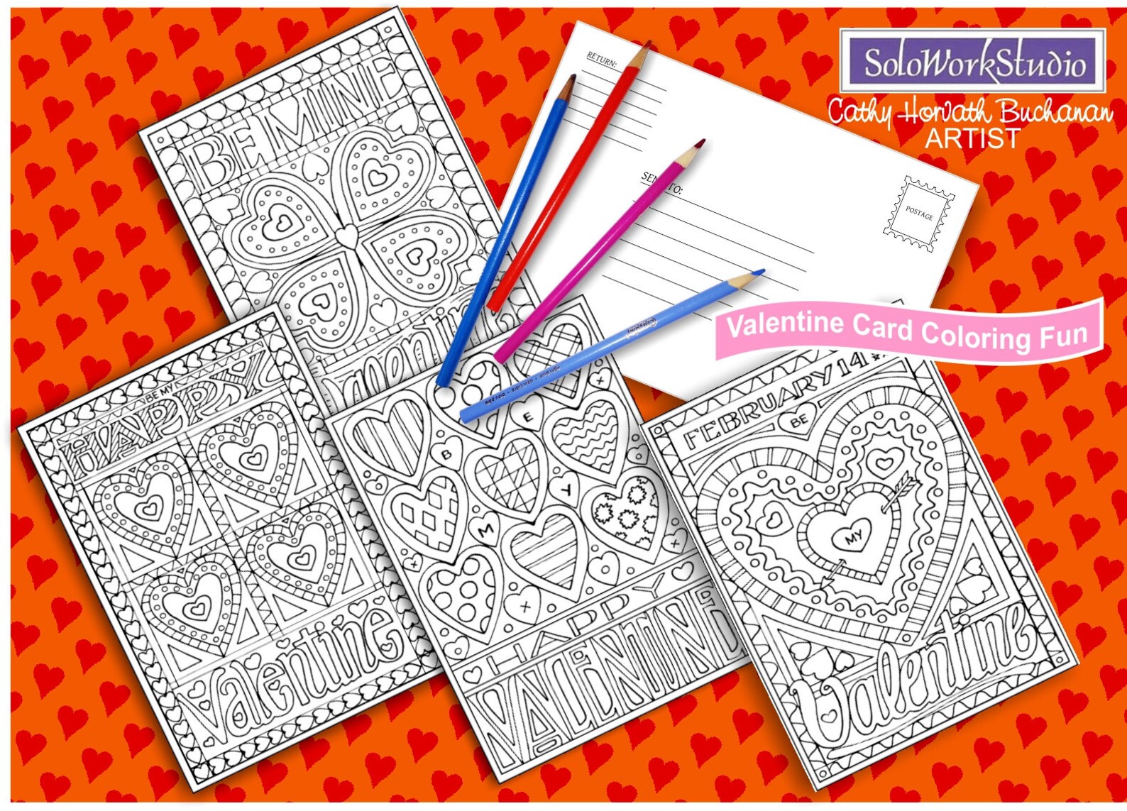 Valentines Day Coloring Cards 4 Set Kit, Love Hearts Card Designs Plus ...