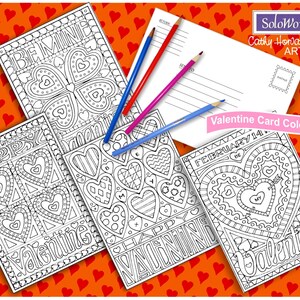 Valentines Day Coloring Cards 4 Set Kit, Love Hearts Card Designs Plus ...