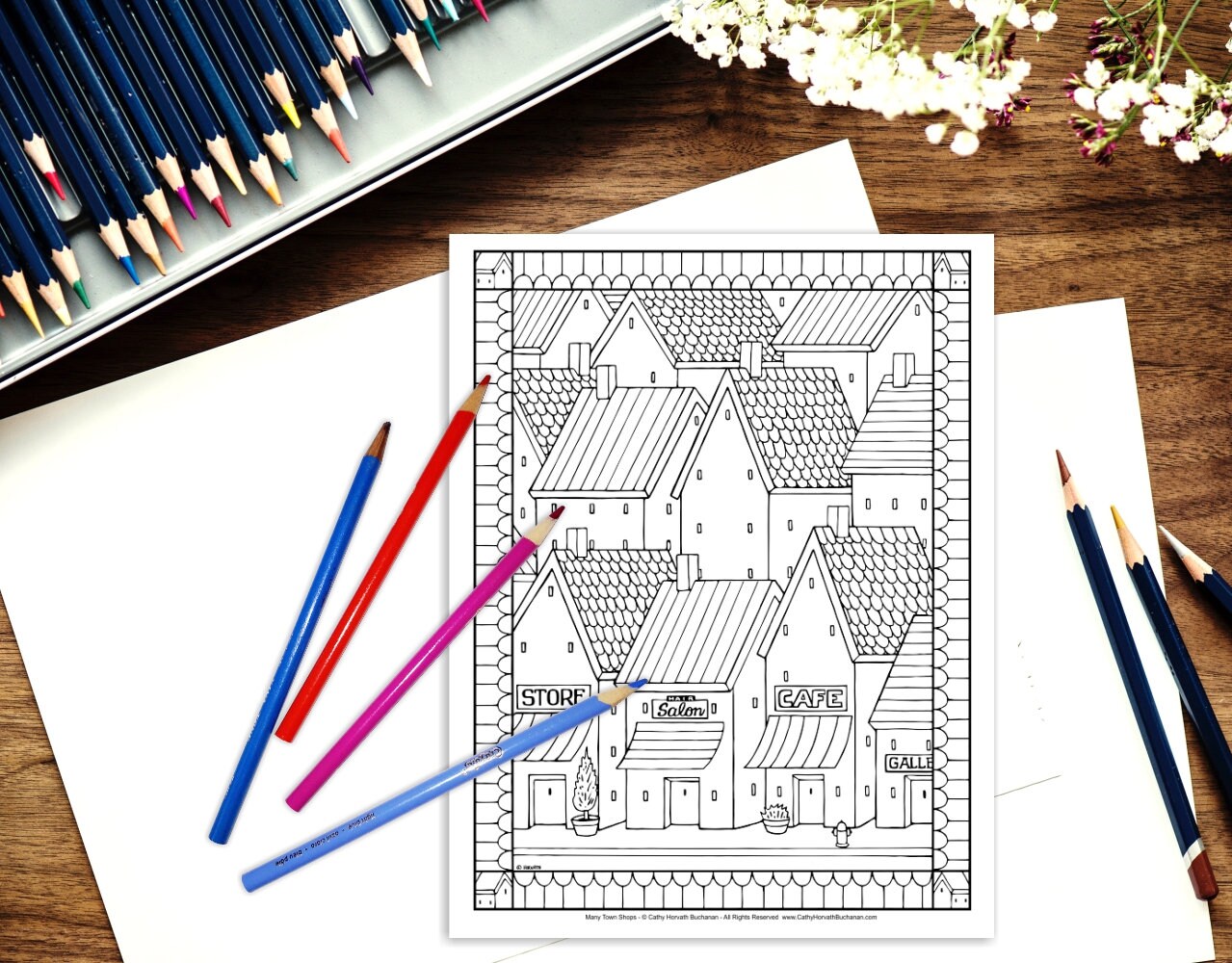 Town Shop Houses Folk Art Landscape Village Scene Coloring - Etsy