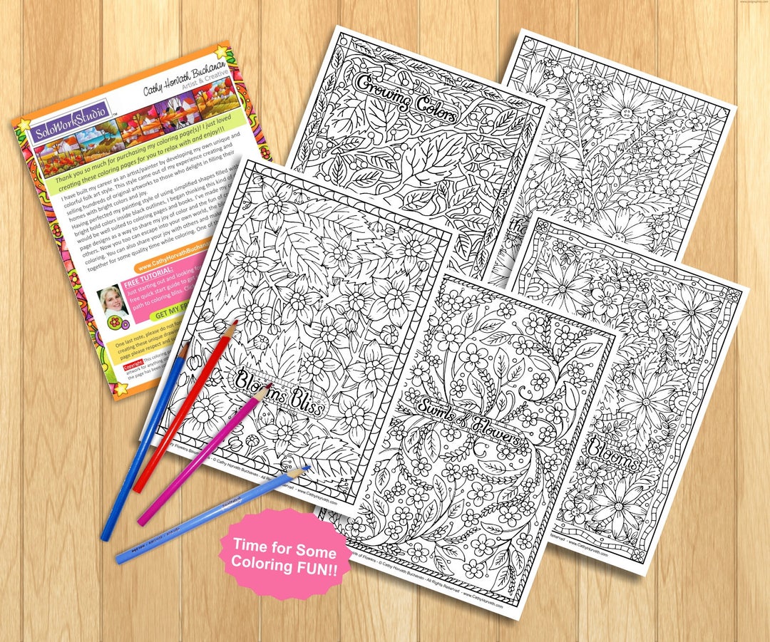 Flower Doodle Art Coloring Pages 5 Pack Printouts, Floral Pattern ...