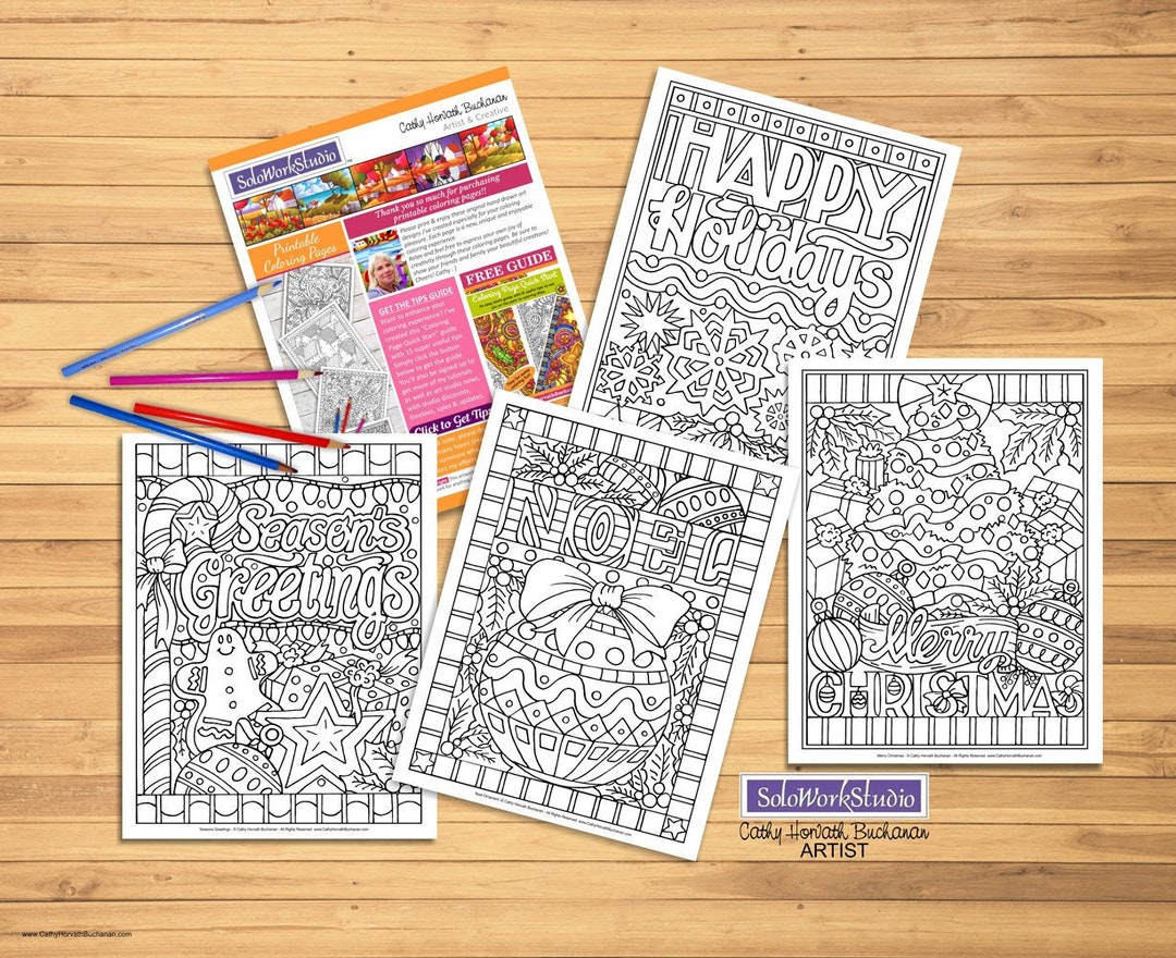 Christmas Coloring Page 4 Pack, Holiday Designs, Xmas Seasonal Coloring ...