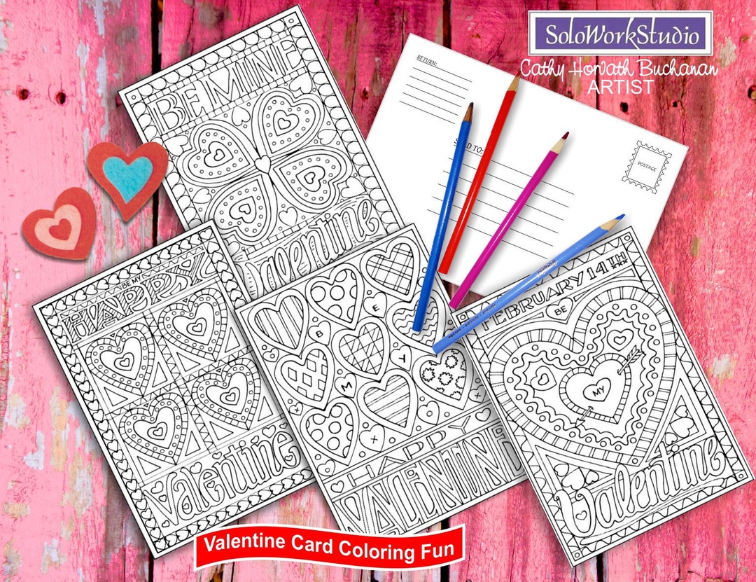 Valentines Day Coloring Cards 4 Set Kit, Love Hearts Card Designs Plus ...