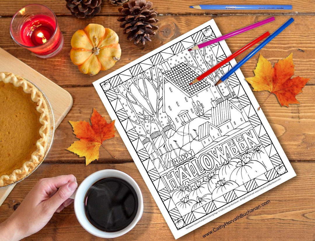 Halloween Haunted House Coloring Page, Fall Activity Coloring Sheet PDF ...