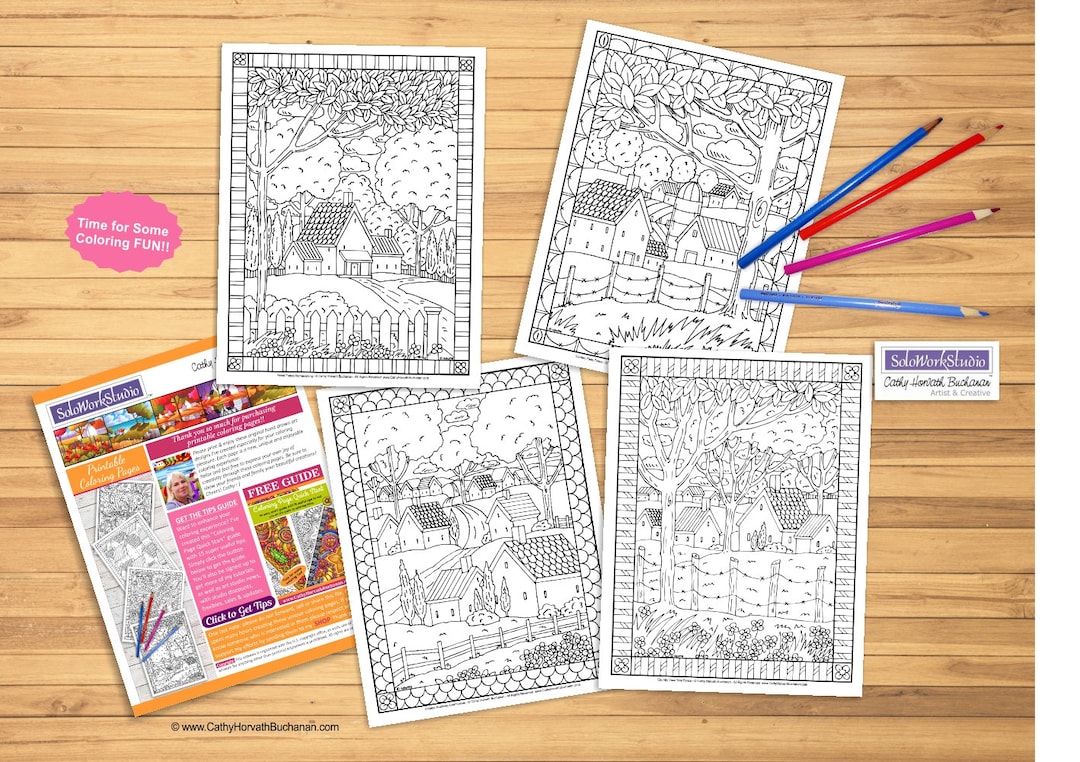 Folk Art Country 4 Pack Landscape Coloring Pages Printouts - Etsy