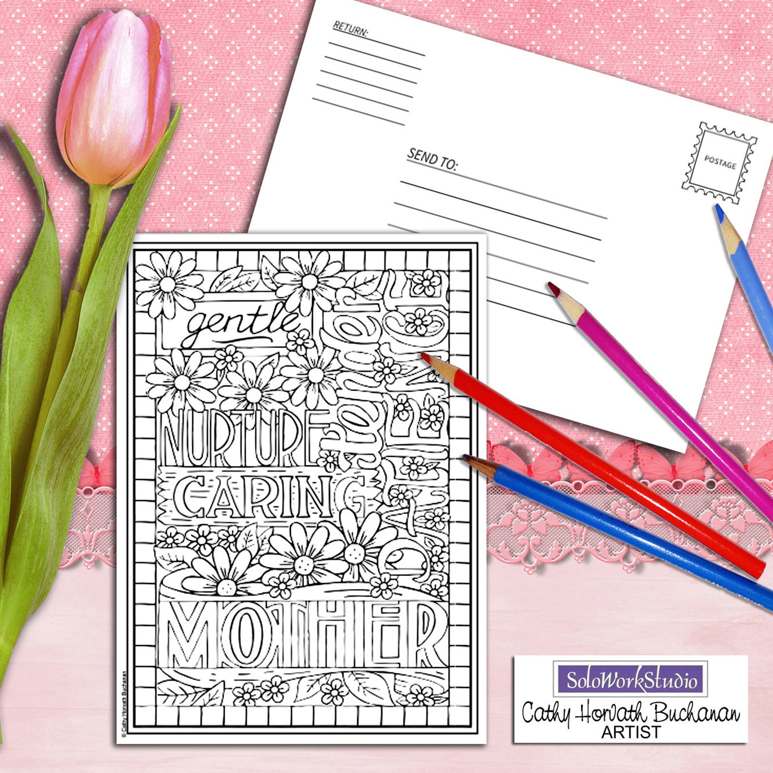 Mothers Day Words Coloring Card Kit Greeting Card Envelope - Etsy