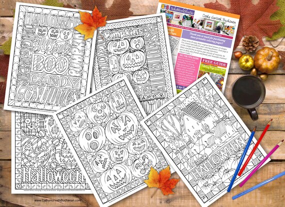 Halloween Art Coloring Pages 5 Pack Fall Pumpkin Pattern | Etsy
