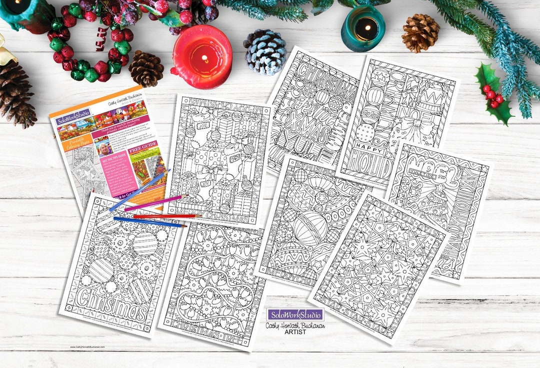 Christmas Coloring 8 Page Pack, Holiday Designs Seasonal Coloring Book ...