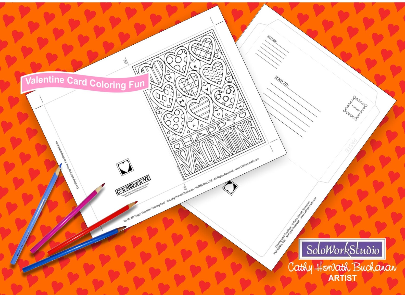 Valentines Day Coloring Cards 4 Set Kit, Love Hearts Card Designs Plus ...