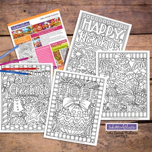 Christmas Coloring Page 4 Pack, Holiday Designs, Xmas Seasonal Coloring ...