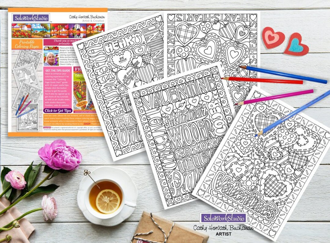 Valentines Day Coloring Pages 4 Set, Love Heart Words Adult Coloring ...
