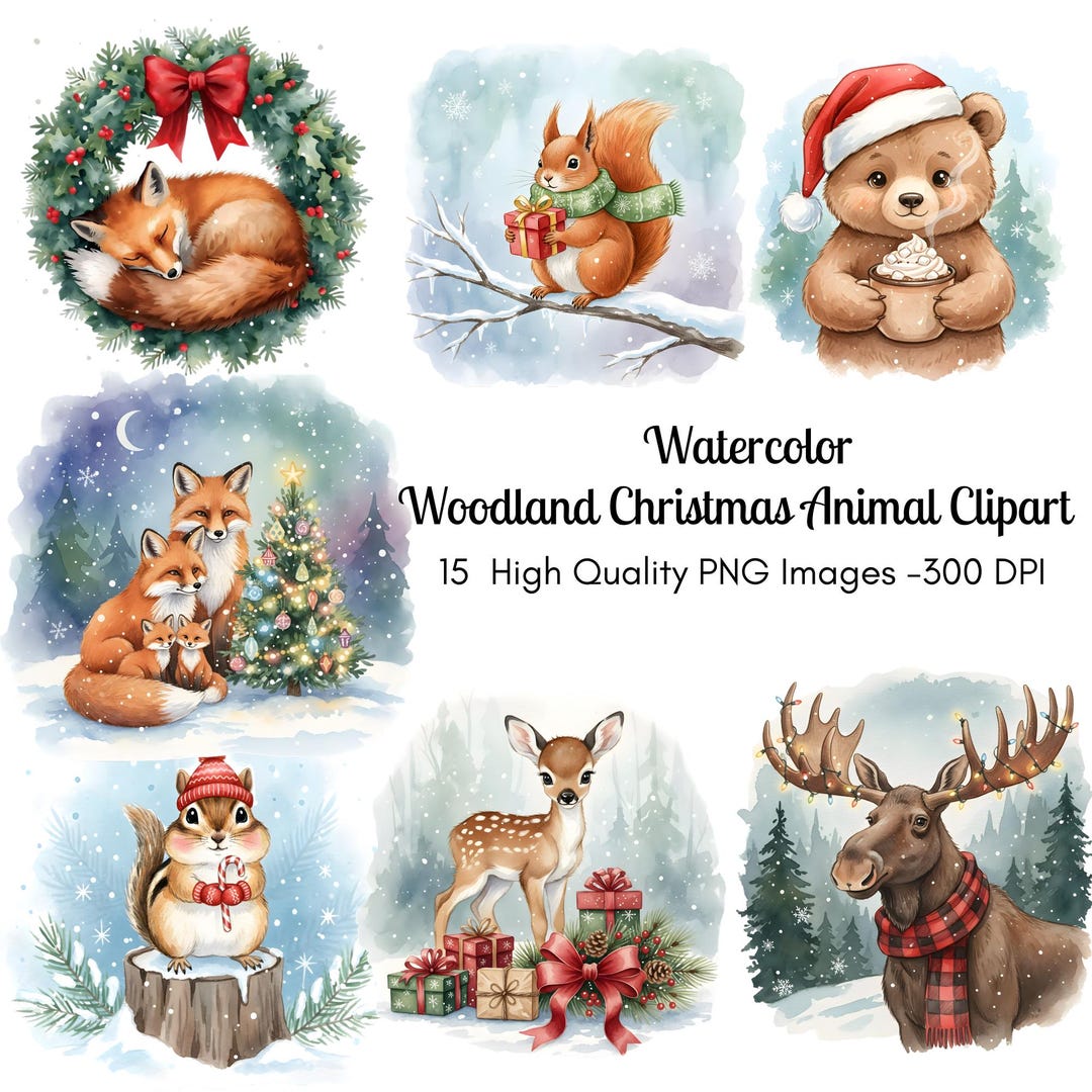 Watercolor Christmas Animal Clipart | Woodland PNG Images (digital ...