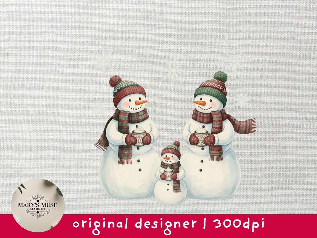Vintage Snowman Family PNG | Cozy Watercolor Christmas Clipart | Retro ...