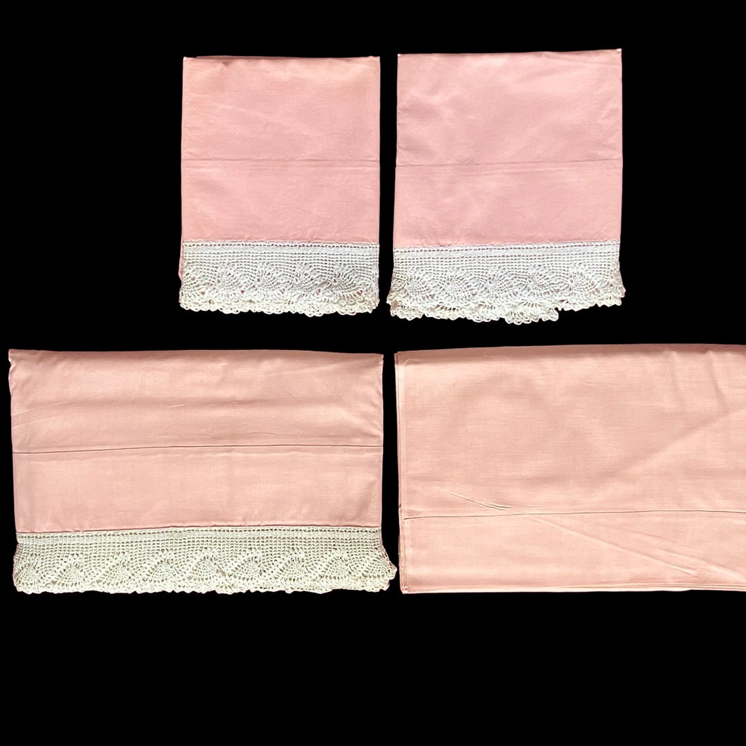 Vintage Pepperell Pink Muslin Sheets & Pillowcases Set With Crochet ...