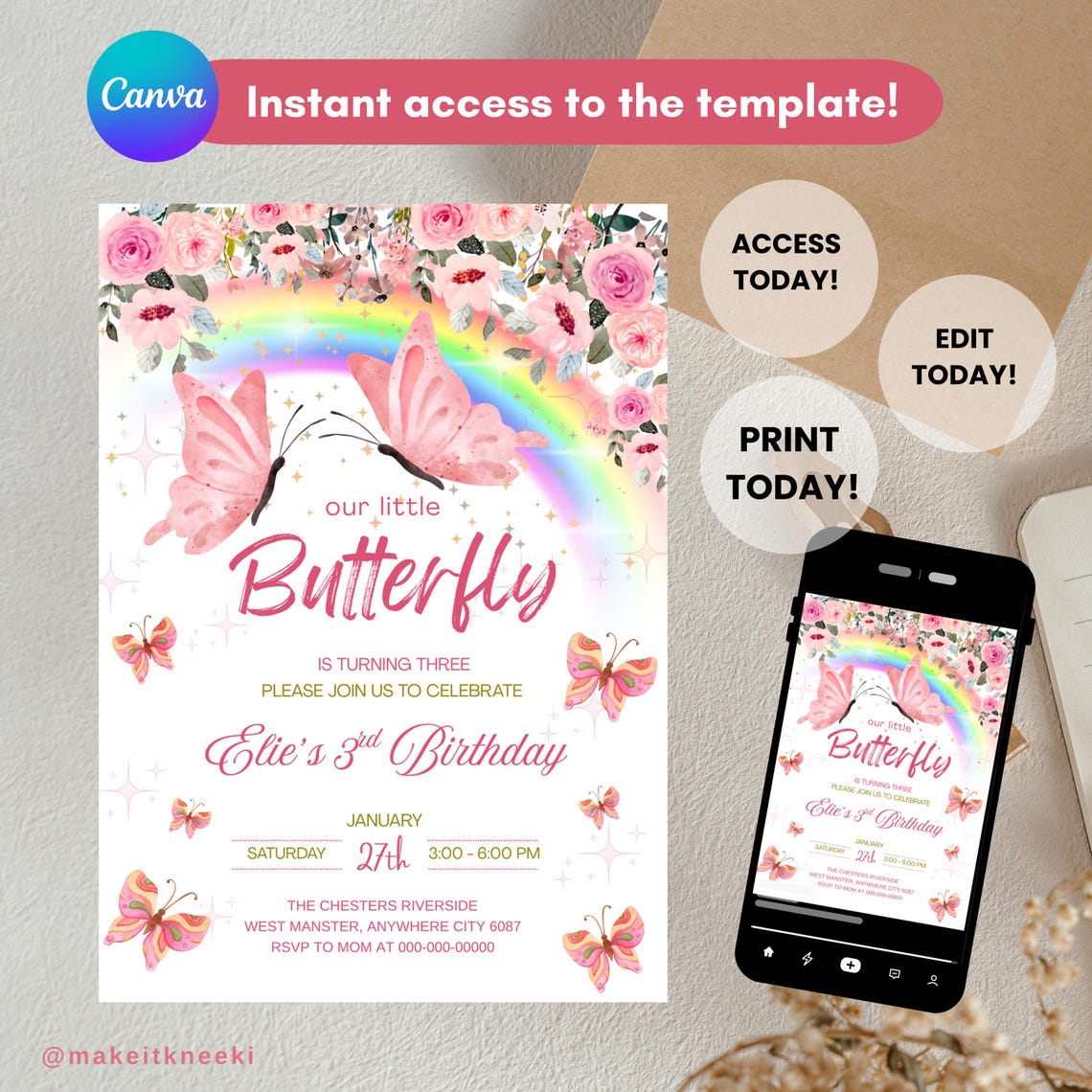 EDITABLE Butterfly Themed Template, Butterfly Invitation Card, Instant ...