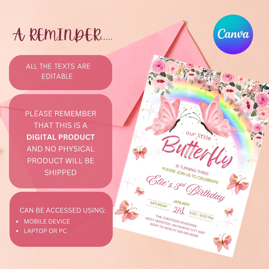EDITABLE Butterfly Themed Template, Butterfly Invitation Card, Instant ...