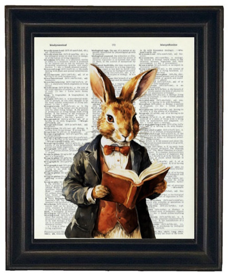 Rabbit Reading Print, Reading Art, Dictionary Prints, Rabbit Reading ...