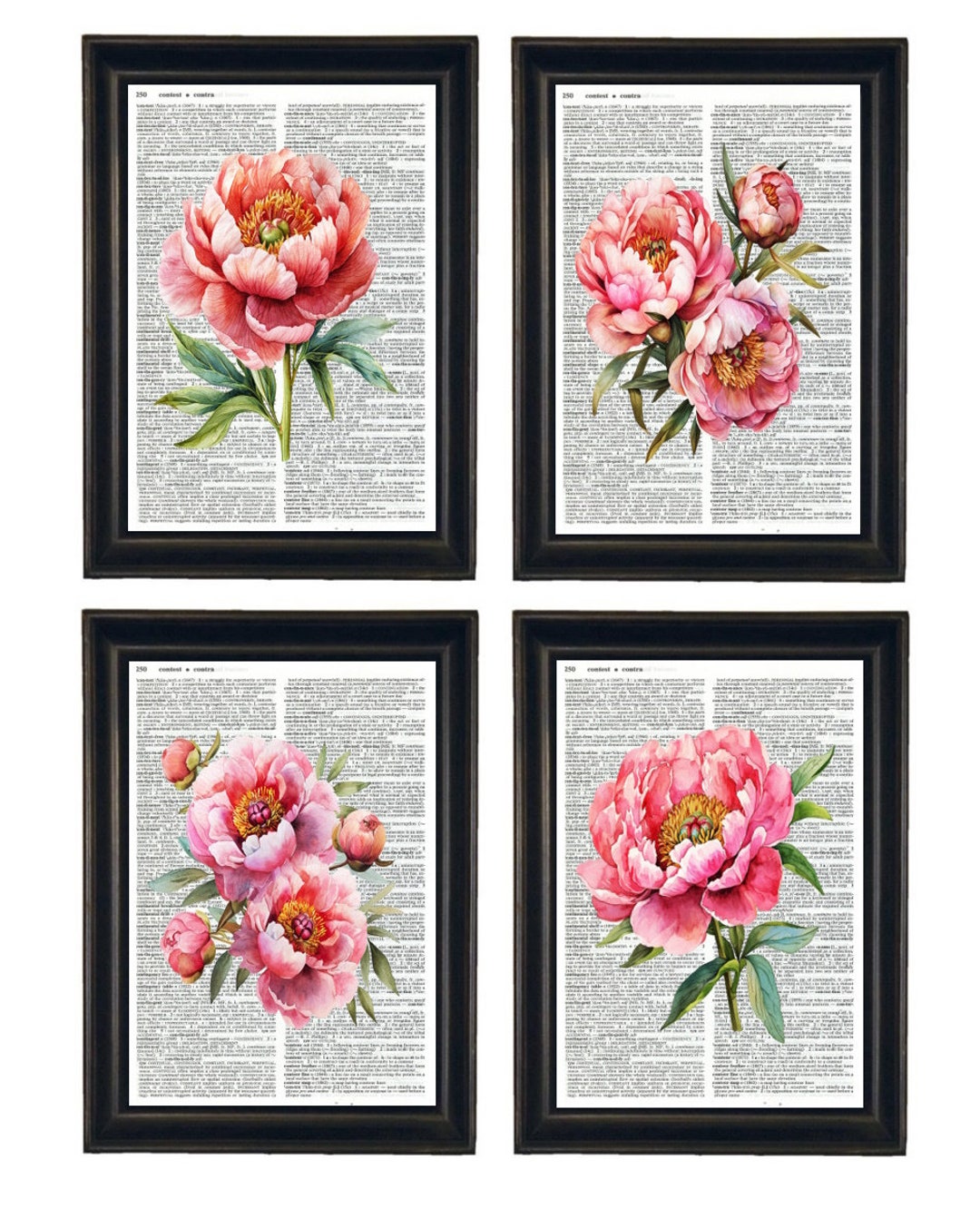 Peony Themed Prints, Peony Art Prints, Set of 4 Peony Prints, Dictionary Artwork, Flower Theme ...
